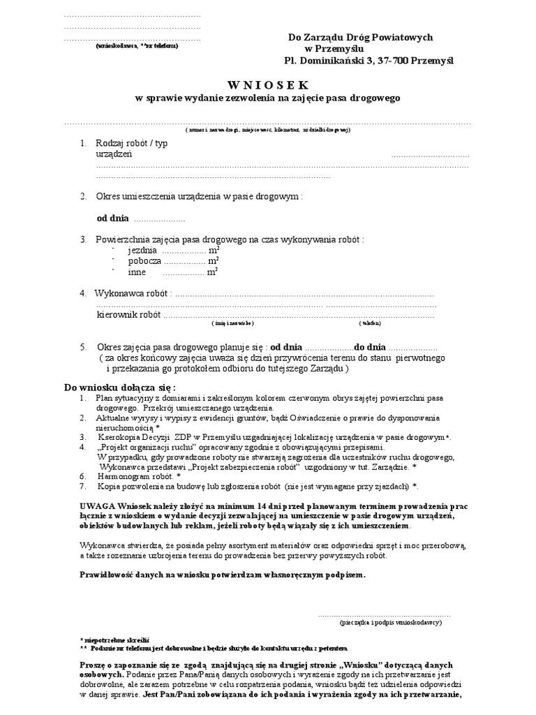 2 Wniosek o Wydanie Decyzji Na Zajecie Pasa Drogowego W Celu Wykonania Robót | PDF