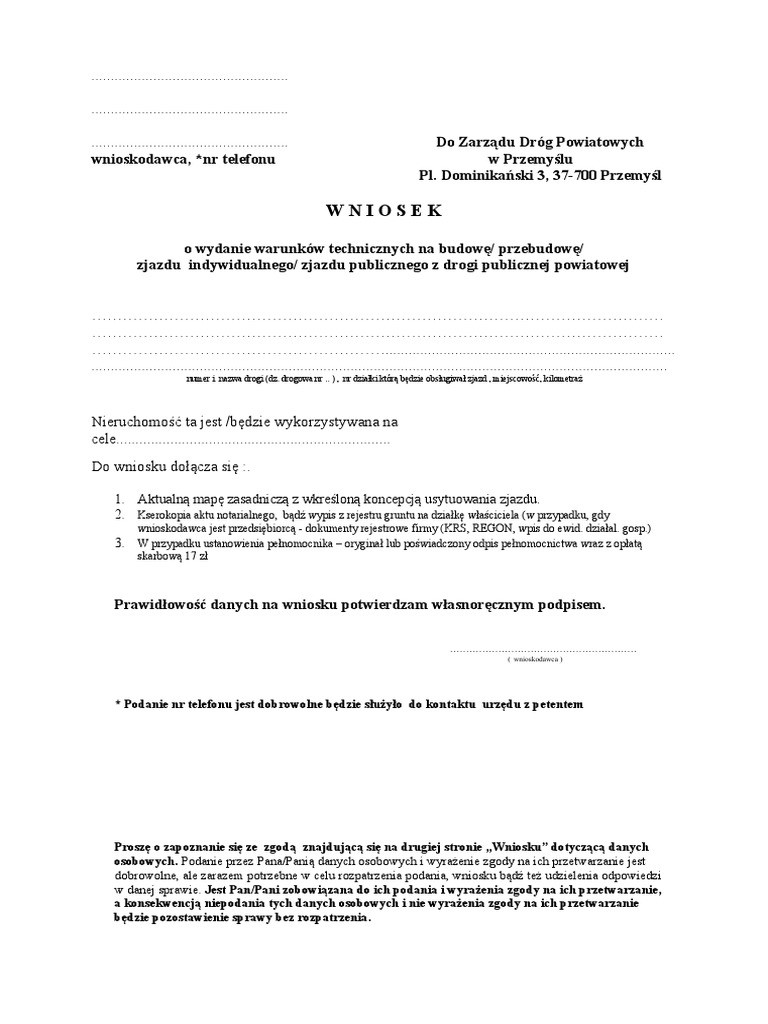 4 Wniosek o Wydanie Warunków Technicznych Na Budowę Lub Przebudowę Zjazdu | PDF