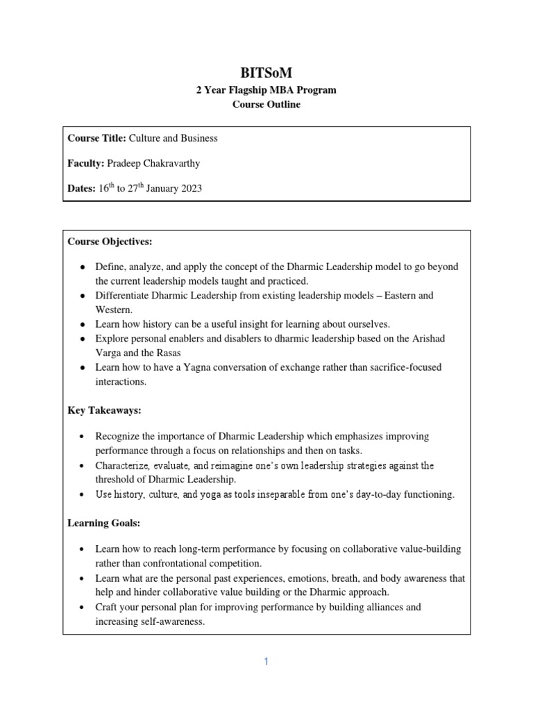 Course Outline - Culture and Business | PDF | Leadership | Dharma