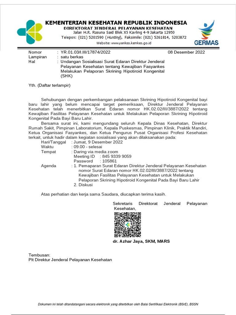 Undangan Sosialisasi Surat Edaran Direktur Jenderal Pelayanan Kesehatan Tentang Kewajiban ...