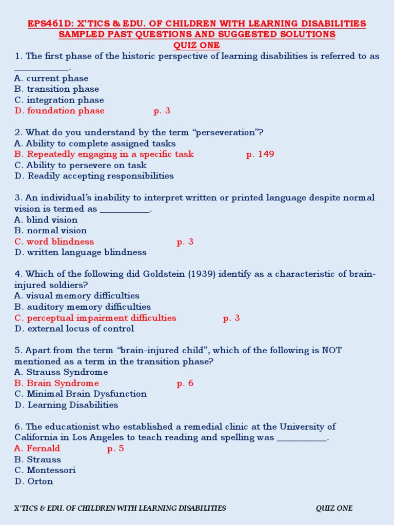 QUIZ ONE Learning Disabilities | PDF | Learning Disability | Disability