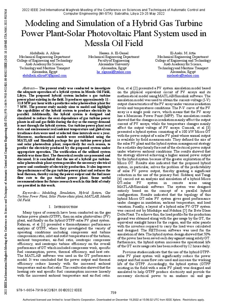 Modeling and Simulation of A Hybrid Gas Turbine Power Plant-Solar ...