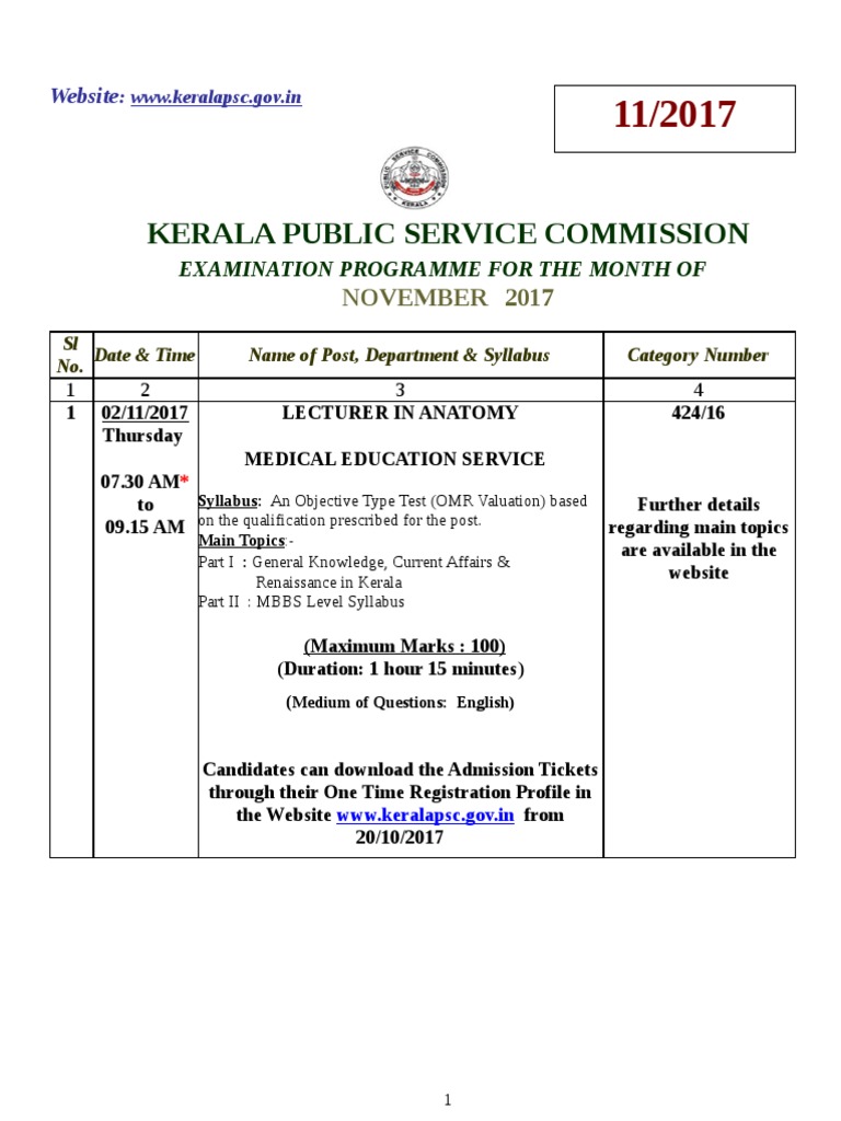 Kerala PSC Exam Schedule November 2017 | PDF | Medical Education ...