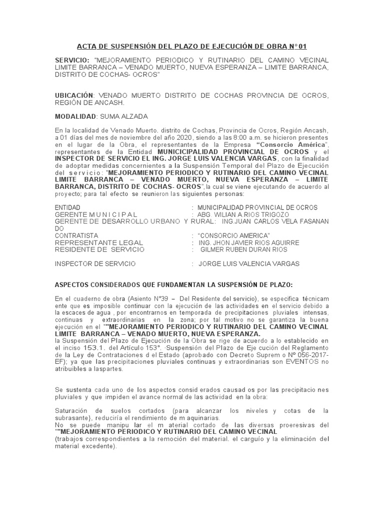 Acta de Suspensión Del Plazo de Ejecución de Obra #01 | PDF