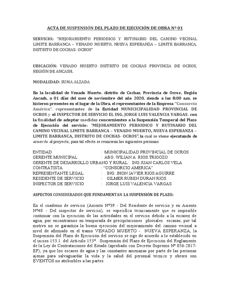 ACTA DE SUSPENSIÓN DEL PLAZO DE EJECUCIÓN DE OBRA #01 Final | PDF | Gobierno