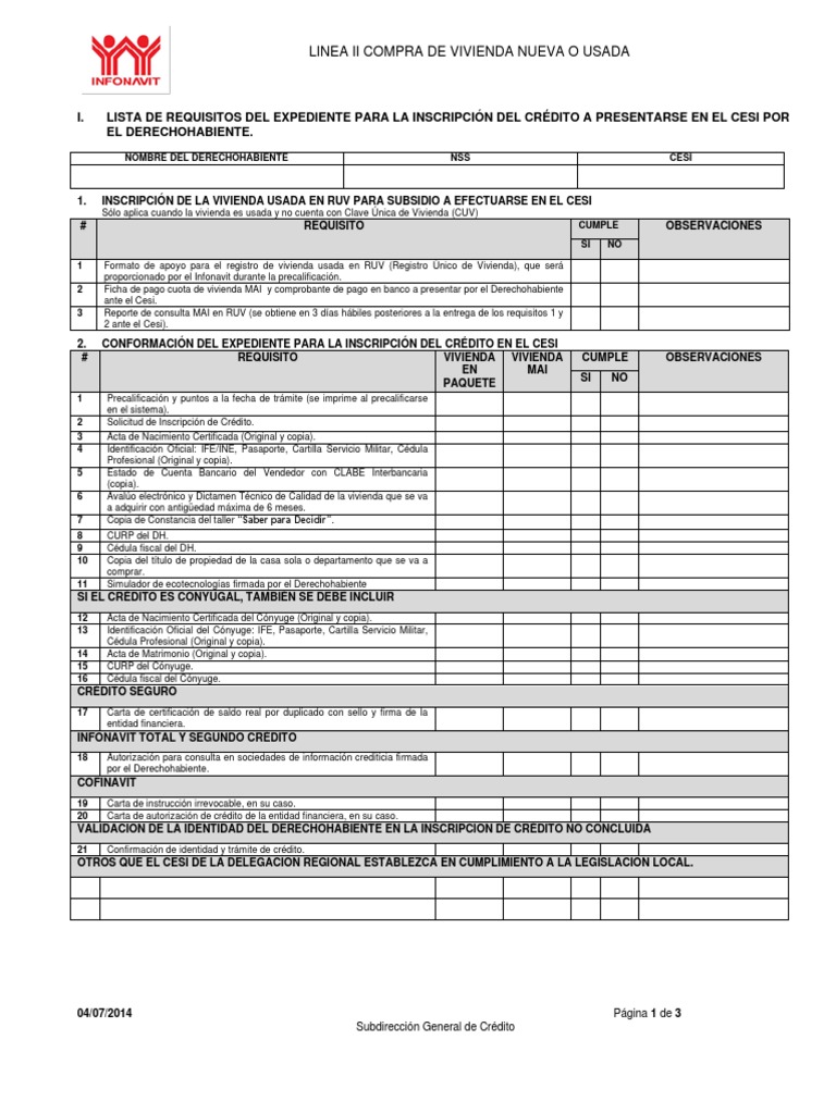 Infonavit Lista de Requisitos Del Exp Vivienda Usada | PDF ...