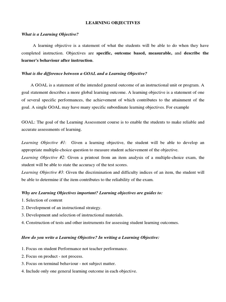 1 - Learning Objectives | PDF | Educational Assessment | Psychological ...