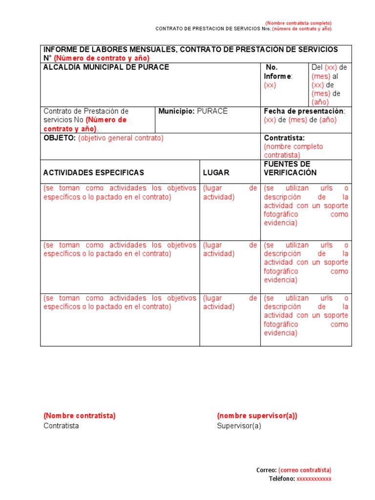 Modelo Informe Mensual Contratistas | PDF