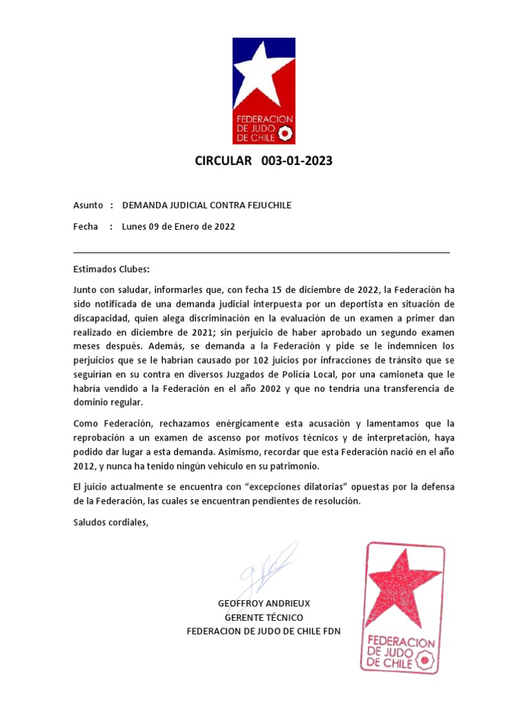 Circular 003 01 2023 Demanda Judicial Contra Fejuchile | PDF