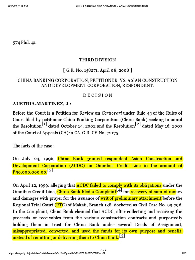 01 CHINA BANKING CORPORATION v. ASIAN CONSTRUCTION | PDF | Certiorari ...