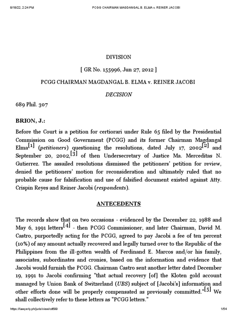 05 PCGG CHAIRMAN MAGDANGAL B. ELMA v. REINER JACOBI | PDF | Certiorari ...