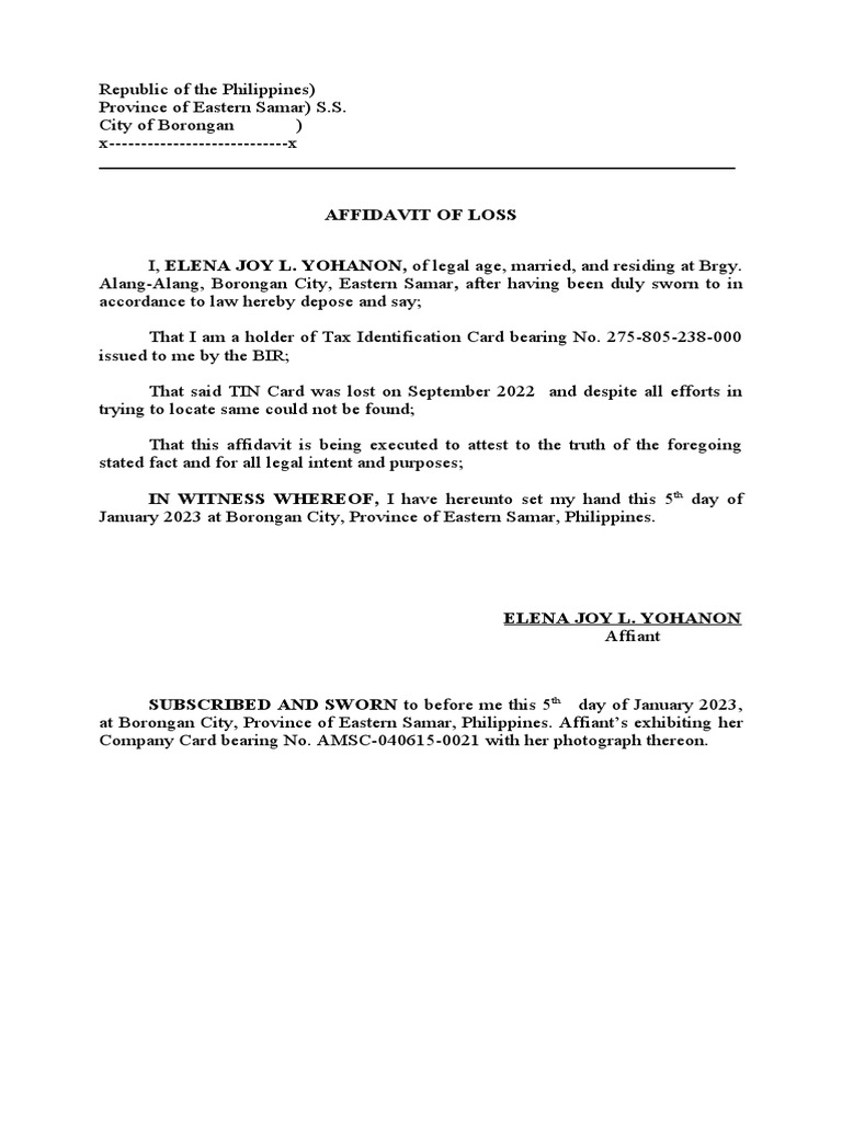 Affidavit of Loss for TIN ID | PDF