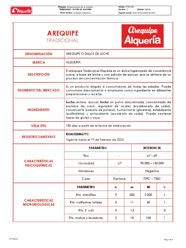 Ficha Tecnica Arequipe Tradicional | PDF | Leche | Etiqueta de ...