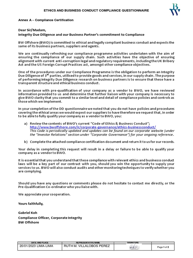 Ensuring Ethical Compliance in the Supply Chain: BWO Requests Vendor Complete Compliance ...