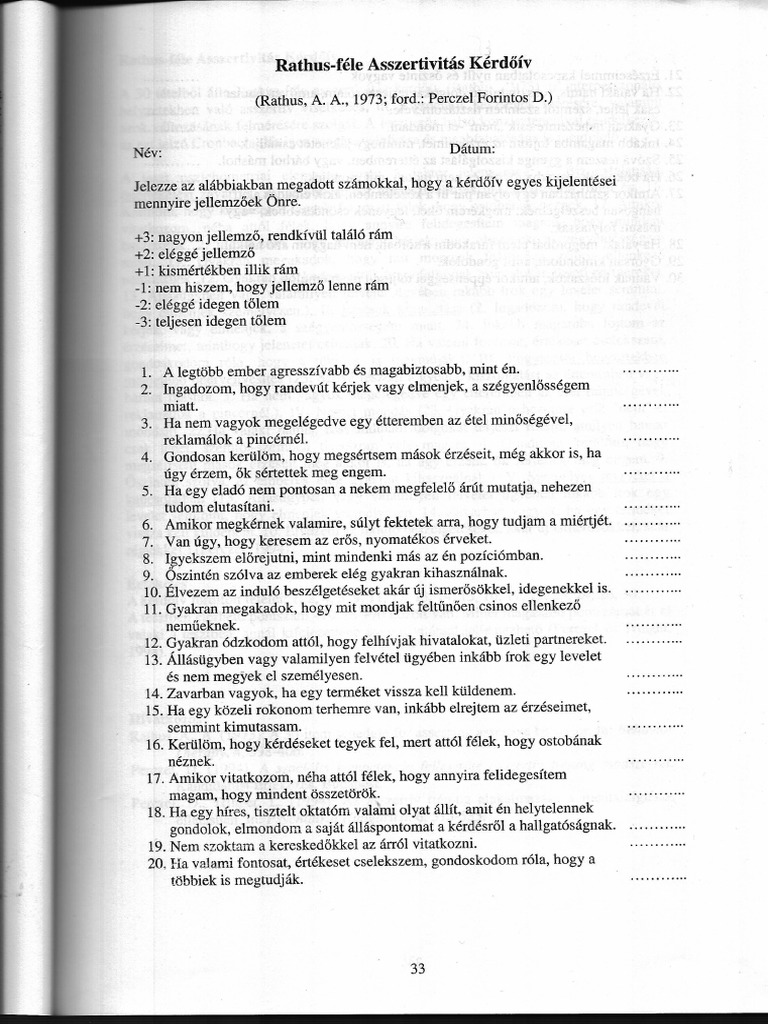 Rathus Asszertivitas Teszt | PDF