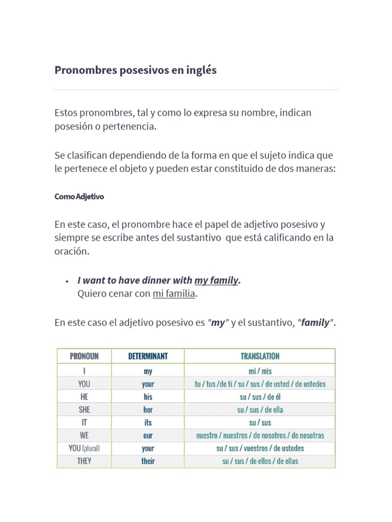 Pronombres Posesivos en Inglés | PDF | Pronombre | Adjetivo