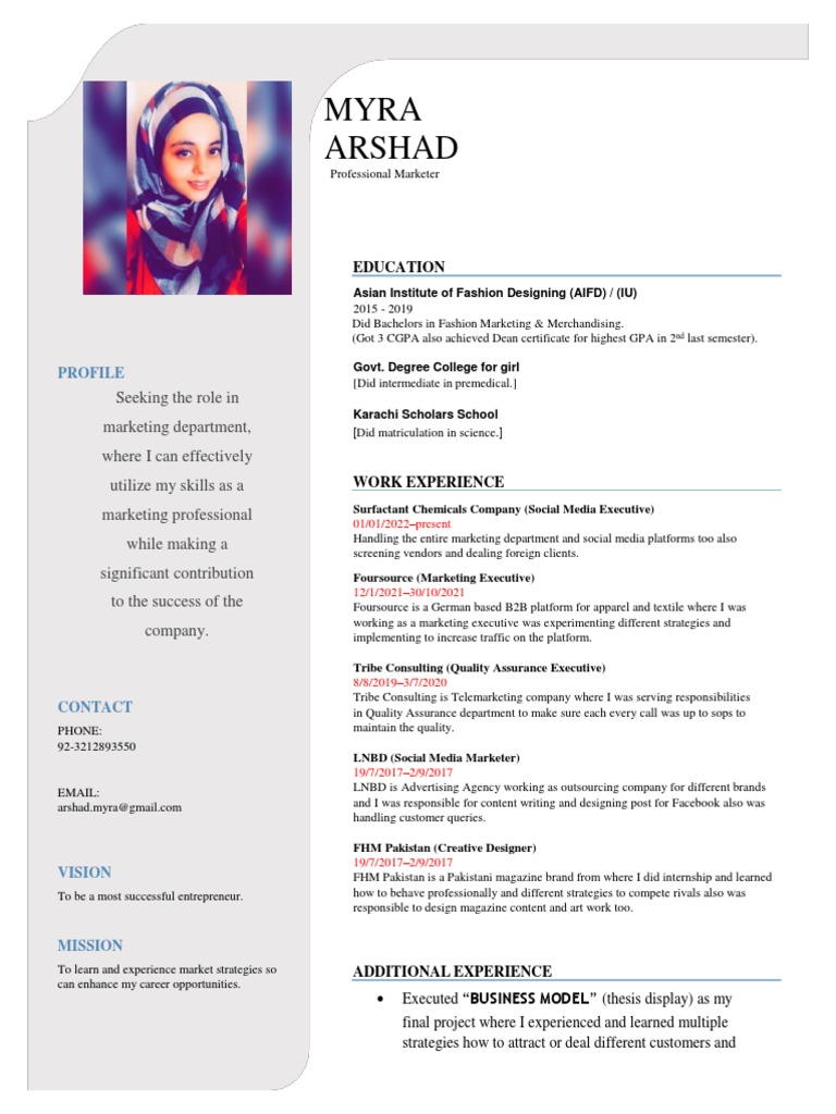 Myra Arshad's Marketing Experience | PDF | Marketing | Social Media