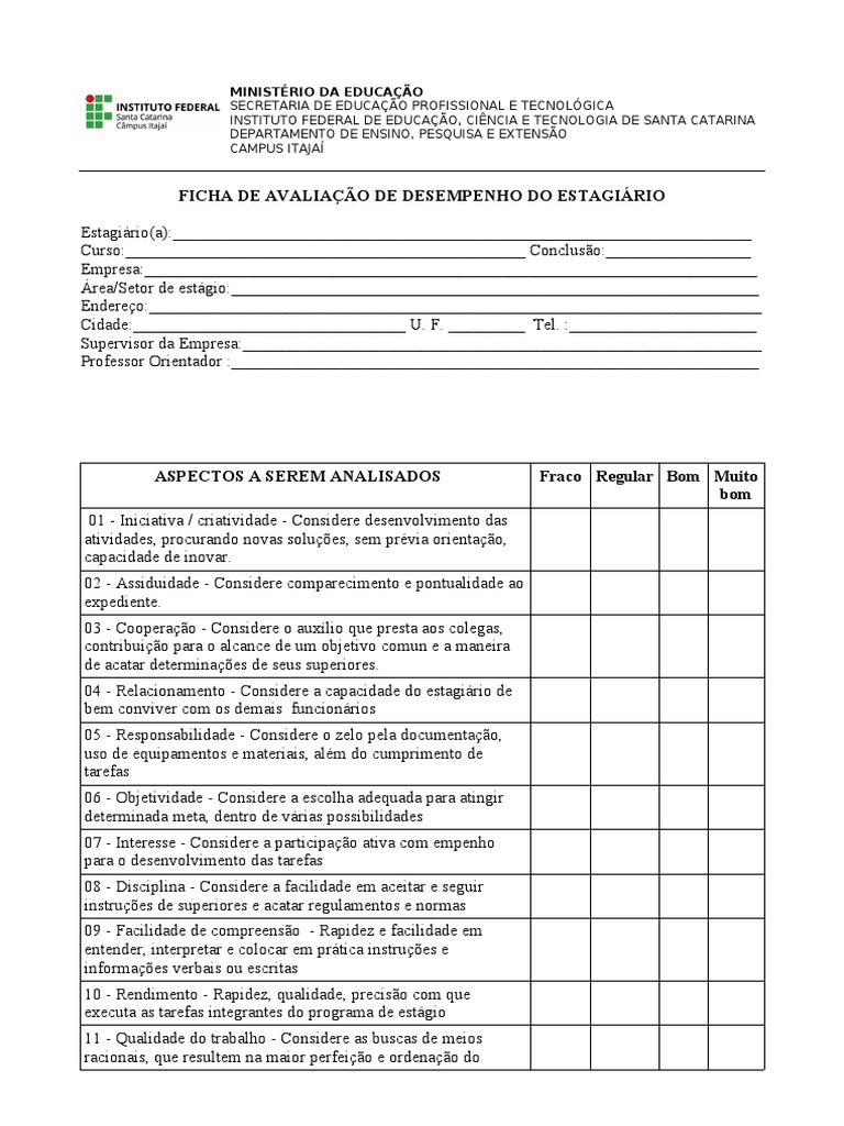Ficha de Avaliação de Estágio - Modelo | PDF | Desenvolvimento profissional