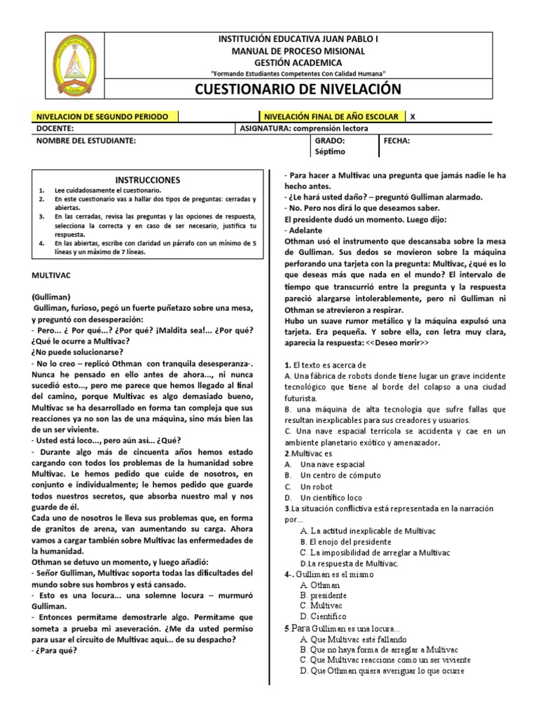 Cuestionario de Nivelacion de Año Comprension Lectora Grado 7. 2020 | PDF | Cuestionario