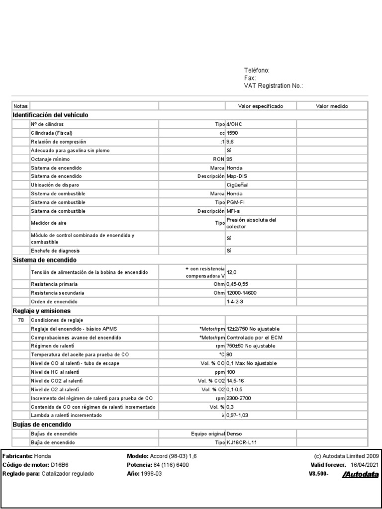 D16B6 Honda Accord | PDF | Tornillo | Rodamiento (Mecánico)