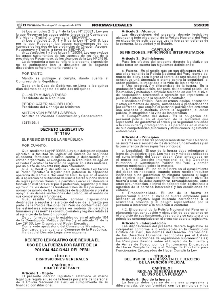 DL 1186 - USO DE LA FUERZA Por Parte de La PNP | PDF | Policía | Perú