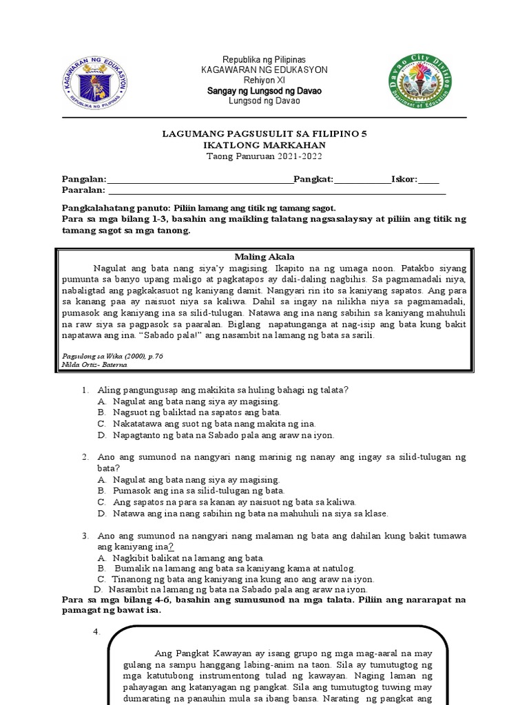 3Q - Filipino 5 - Lagumang Pagsusulit | PDF