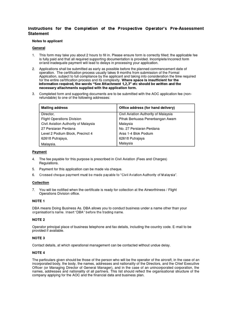 Aoc Prospective Operators Pre - Assessment Statement | PDF | Lease ...