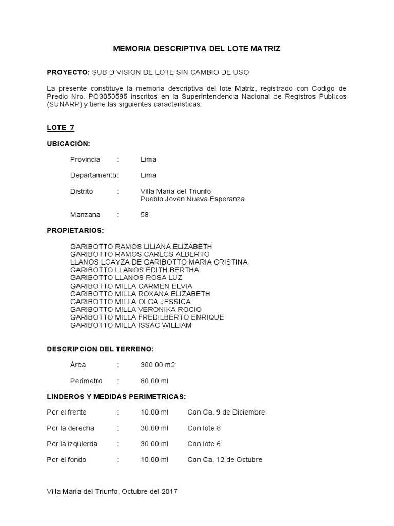 Memoria Descriptiva Del Lote Matriz-2 | PDF