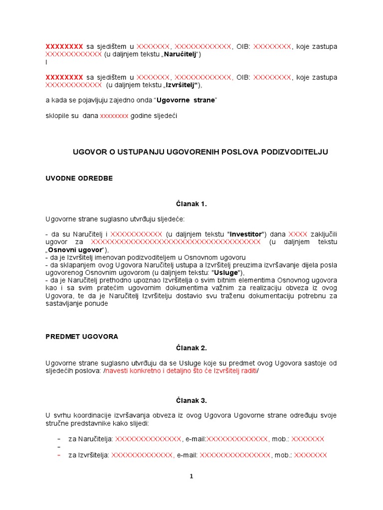 HKIG-Ugovor o Ustupanju Ugovorenih Poslova Podizvoditelju-Nominirani | PDF