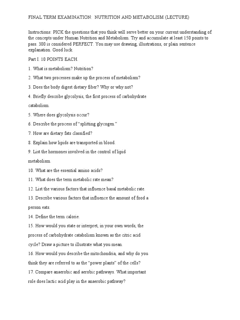 Final Term Exam-Nutrition and Metabolism Lecture | PDF | Metabolism ...