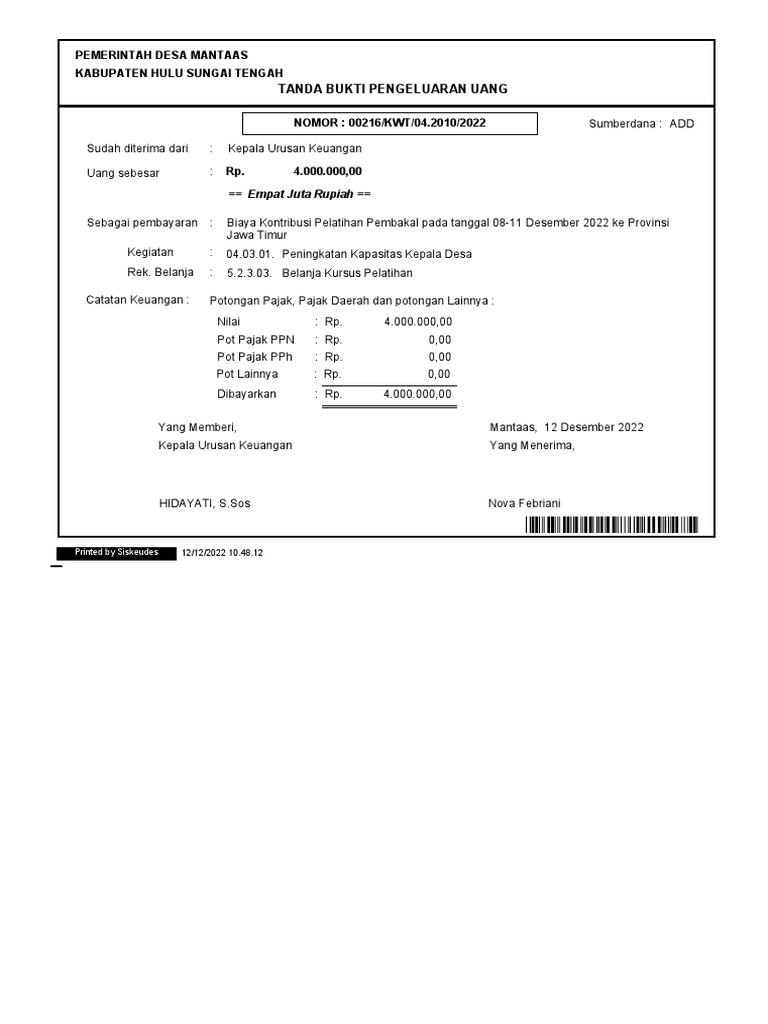 Kwitansi Bimtek Pembakal Mantaas | PDF