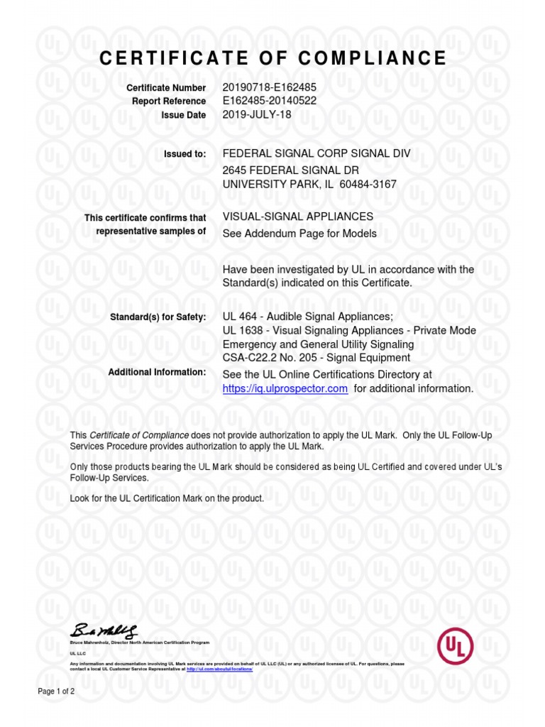 UL Certificate For StreamLine Series Visual Signals - 1 | Download Free ...