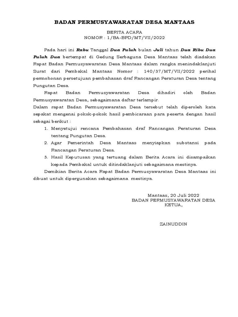 BERITA ACARA BPD PUNGUTAN DESA (Lengkap Daftar Hadir Dan SK) | PDF