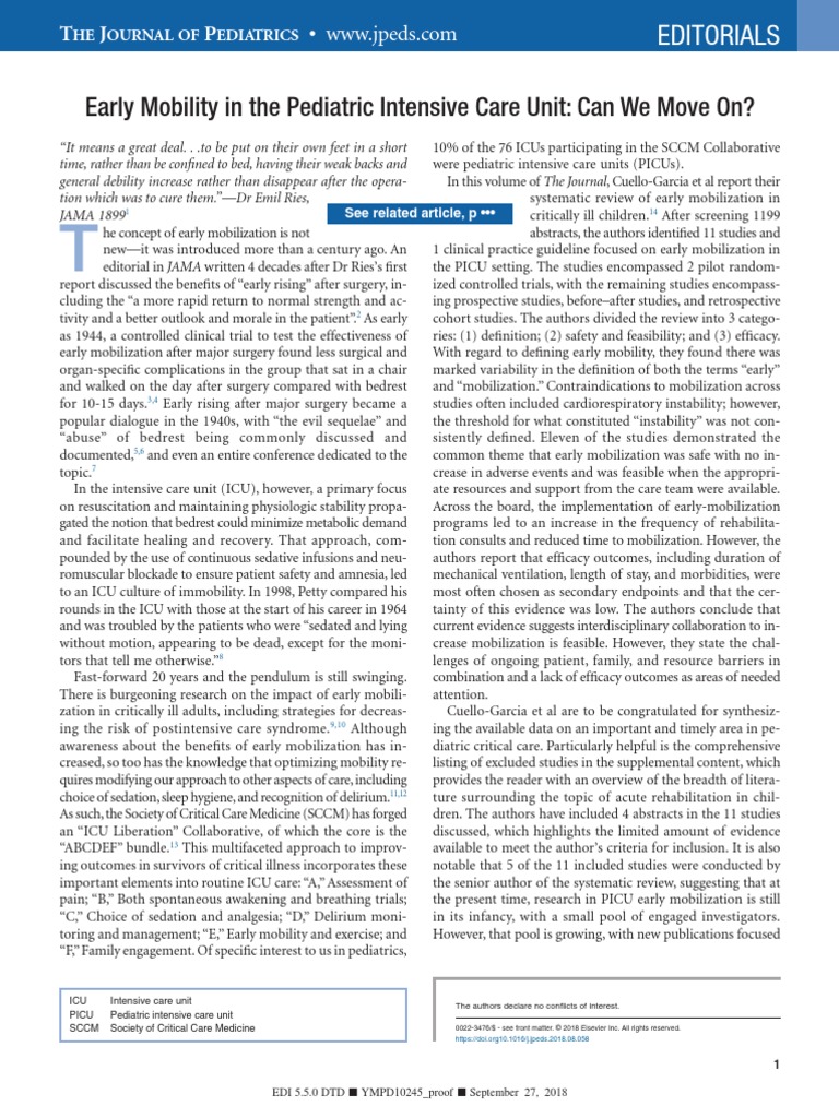 Walker 2018 Early Mobility in The Pediatric Intensive Care Unit. Can We Move On | PDF