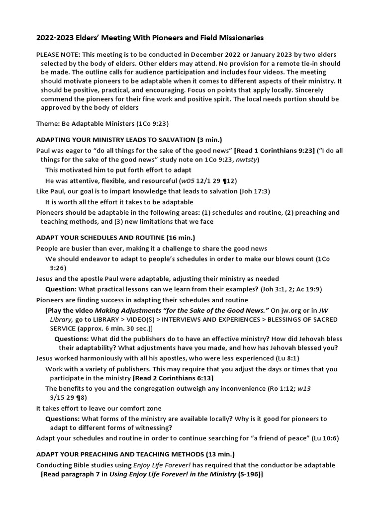 2022-2023 Elders' Meeting With Pioneers and Field Missionaries | PDF ...