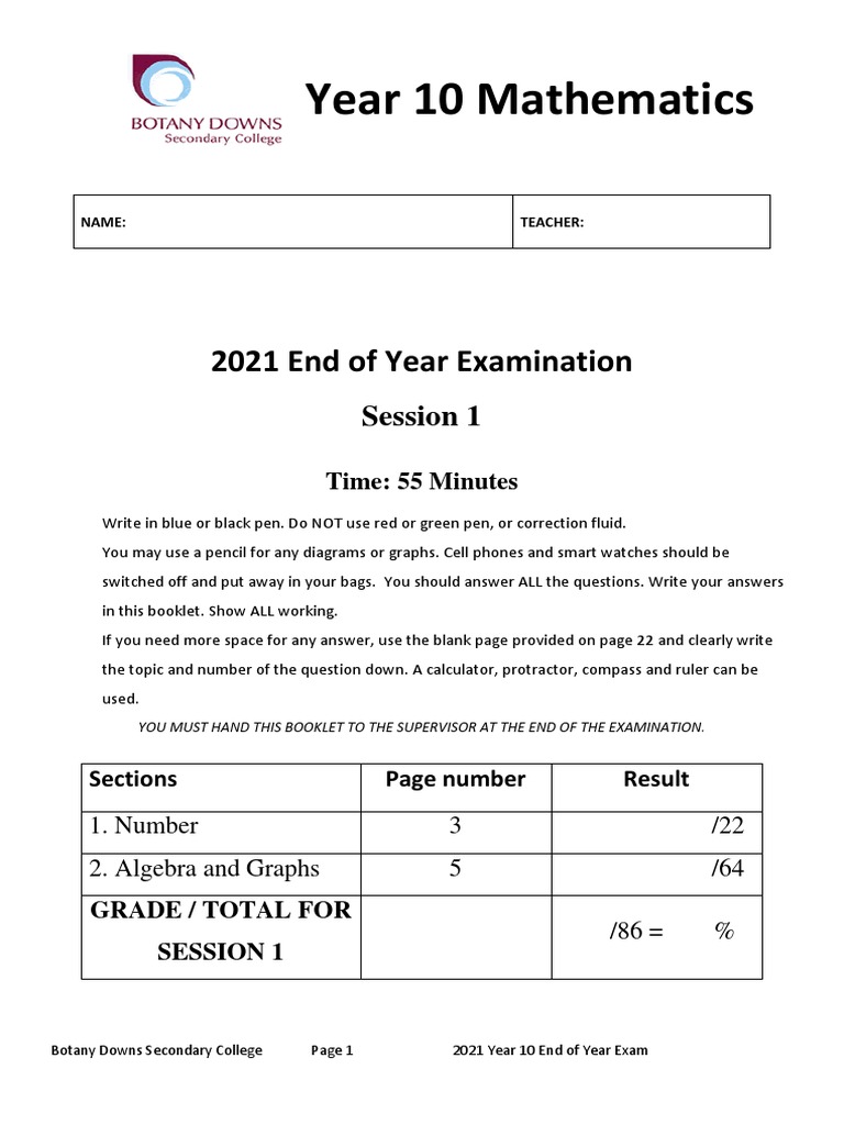 Year 10 Math Exam Instructions | PDF | Taxes | Sun