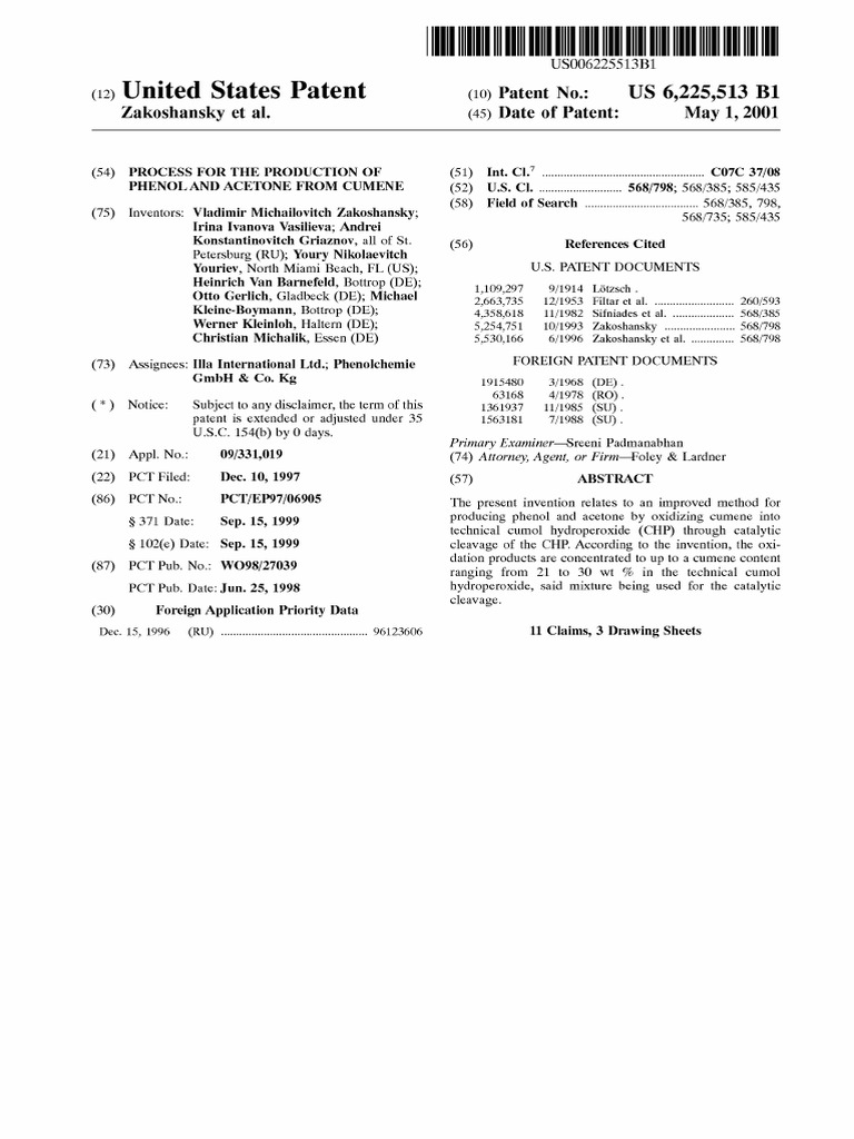 Process For The Production of Phenol and Acetone From Cumene | Download ...