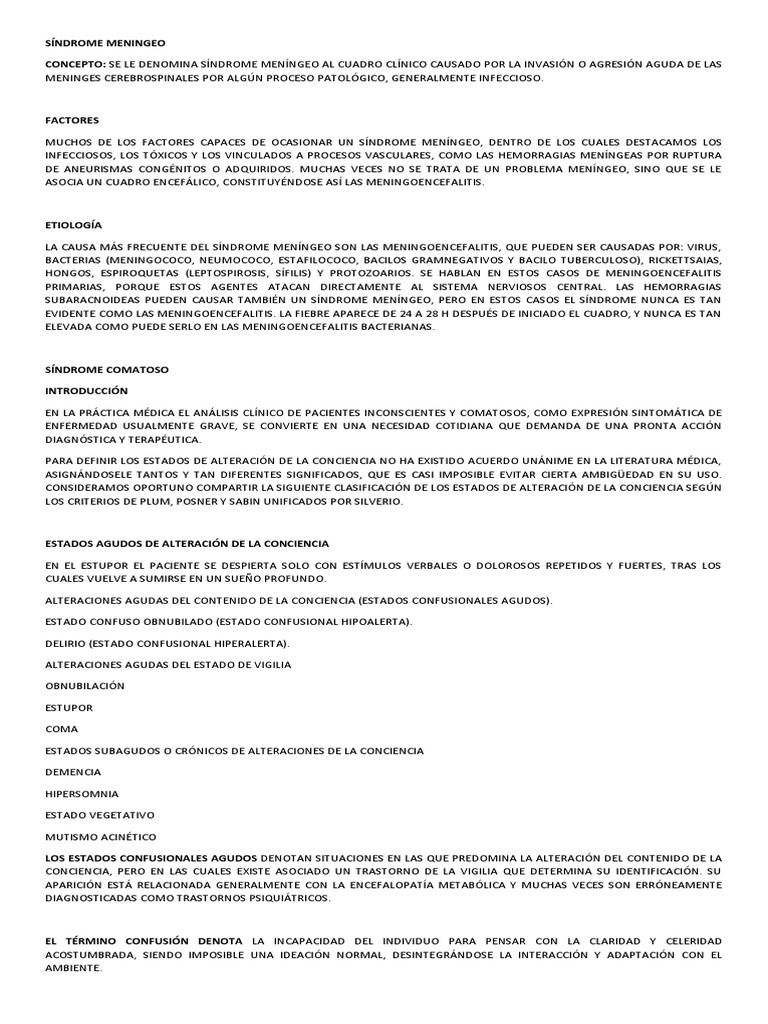 Síndrome Meningeo y Comatoso | PDF | Meningitis | Coma