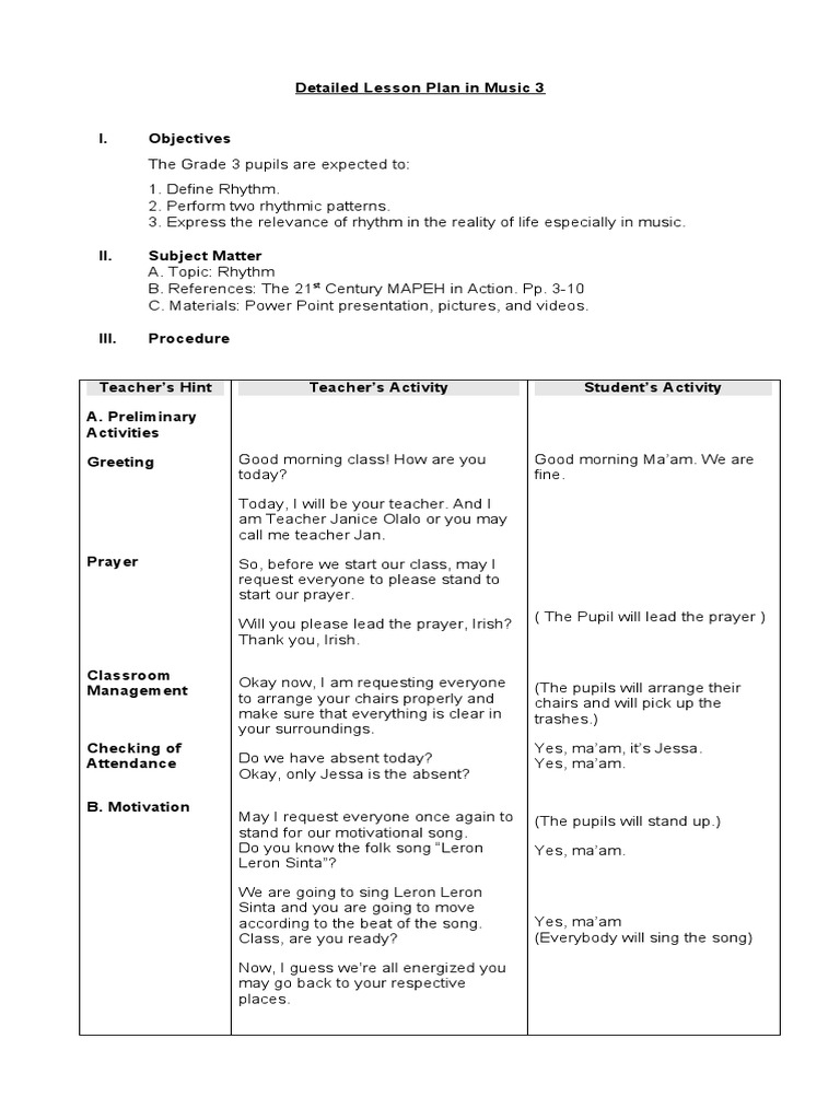 Detailed Lesson Plan in Music 3 2022 | PDF | Rhythm | Teachers