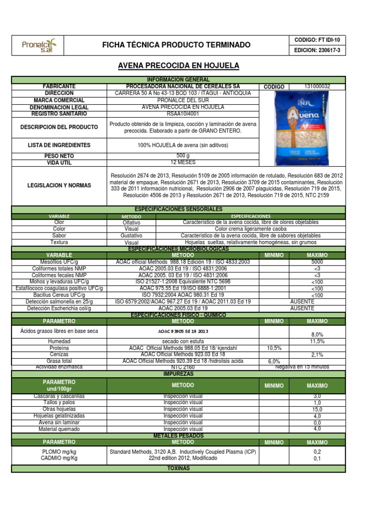 Ficha Técnica de Avena Precocida en Hojuelas | PDF