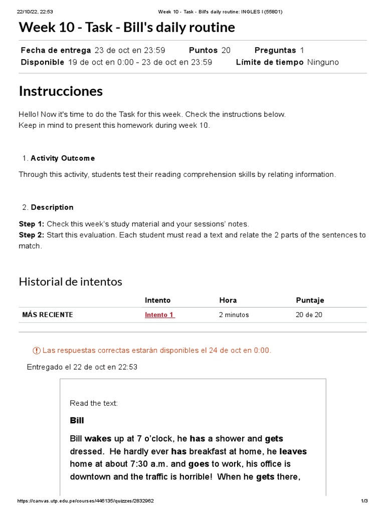 Week 10 - Task - Bill's Daili Routine - INGLES I (55801) | PDF | Cognitive Science | Pedagogy
