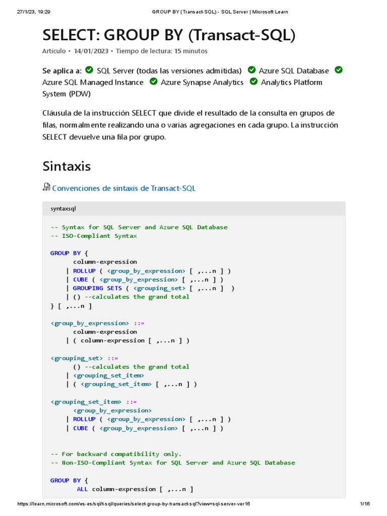 GROUP BY (Transact-SQL) - SQL Server - Microsoft Learn | PDF | SQL | Servidor SQL de Microsoft