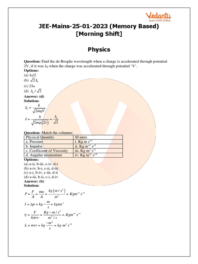 Jee Main 2023 January 25 Shift 1 Question Paper With Solutions by ...