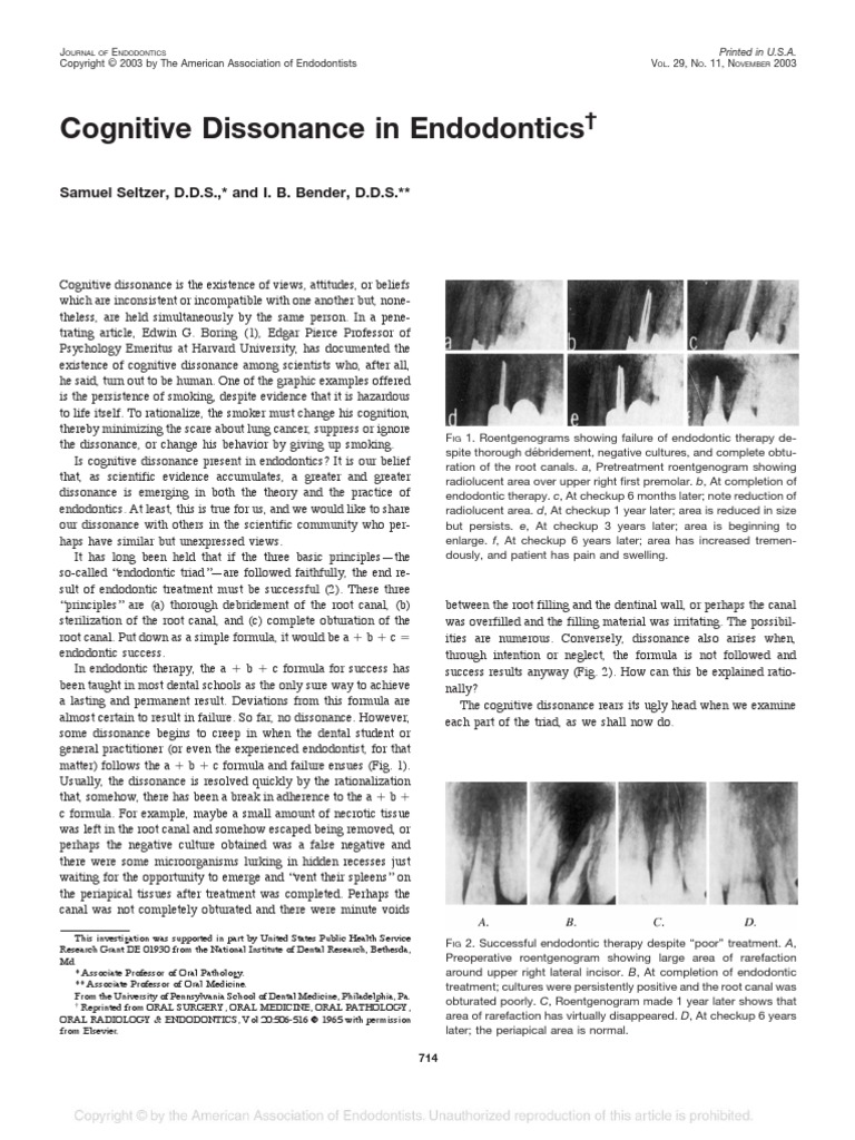 Cognitive Dissonance in Endodontics SELTZER BENDER | PDF | Dentistry Branches | Medical Specialties