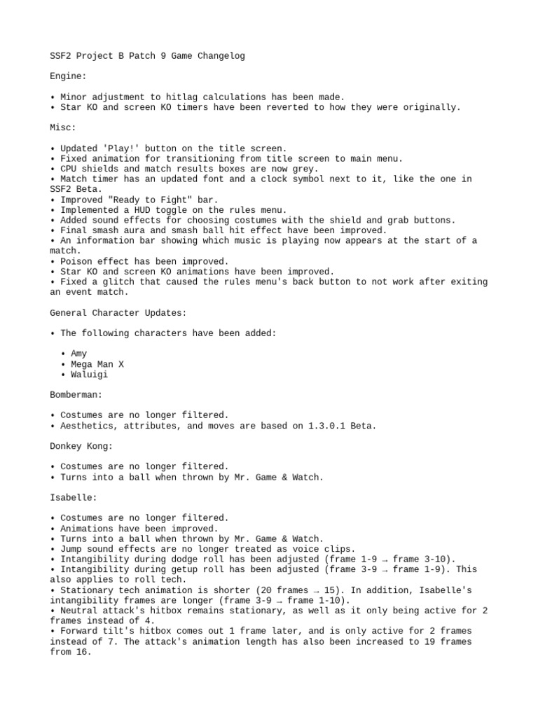 SSF2 Project B Patch 9 Changelog | PDF