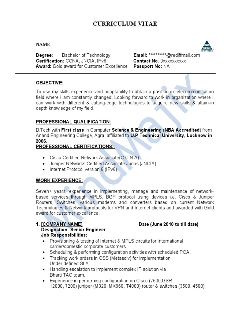 A Versatile Network Engineer Curriculum Vitae Of [name] Pdf