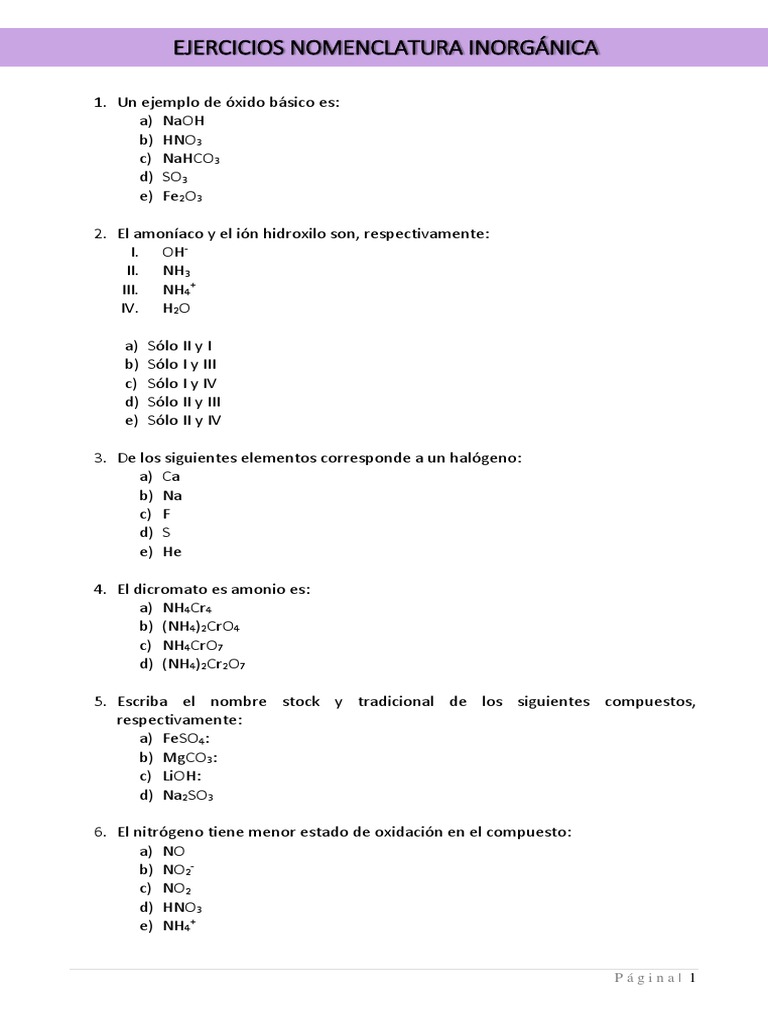 Ejercicios Nomenclatura Inorg Nica | PDF | Nitrato | Elementos químicos