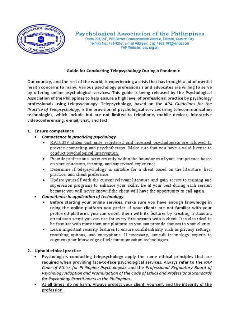 PAP - Guide For Conducting Telepsychology During A Pandemic | PDF ...