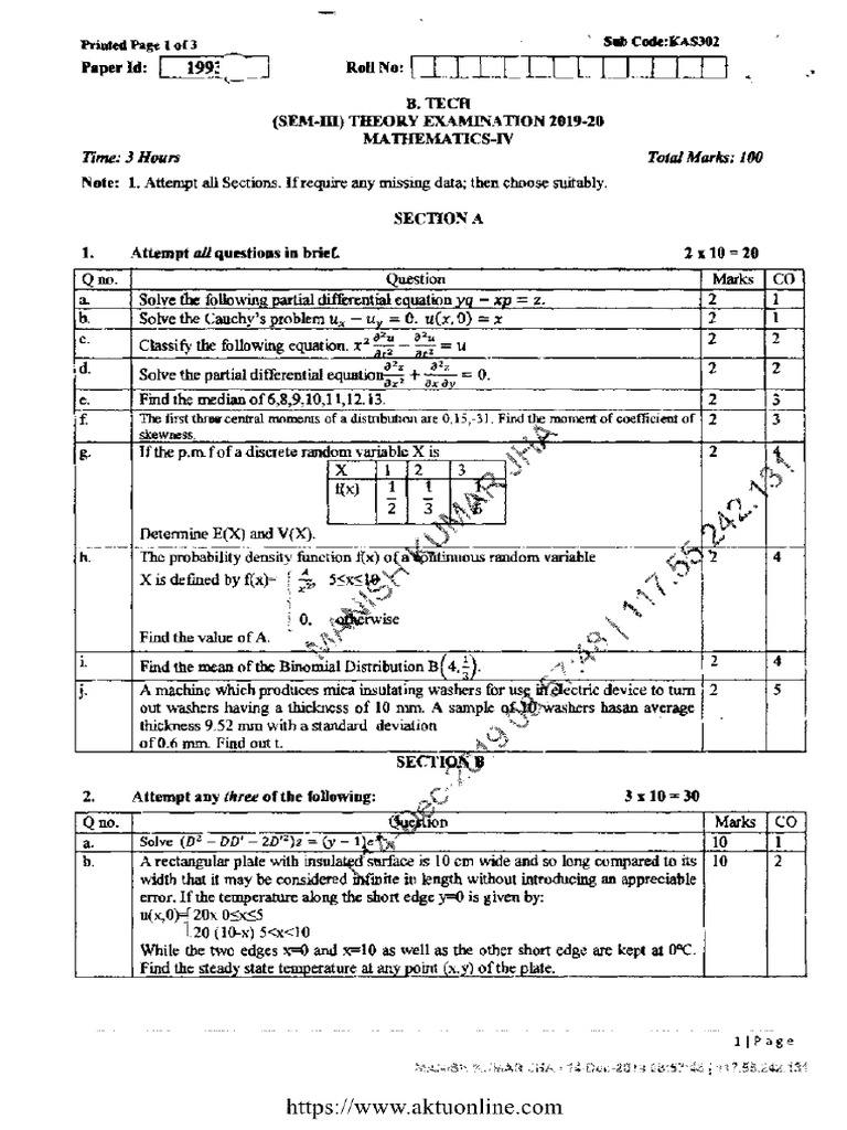 Btech As 3 Sem Mathematics 4 Kas302 2020 | PDF