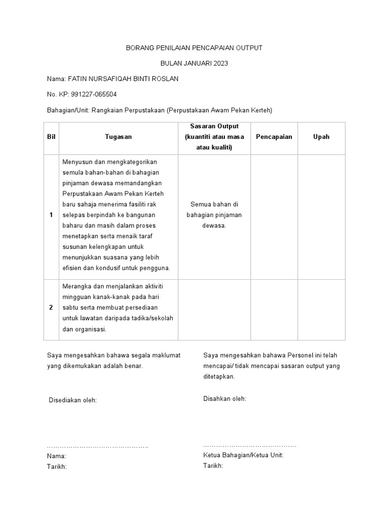 Borang Penilaian Pencapaian Output | PDF